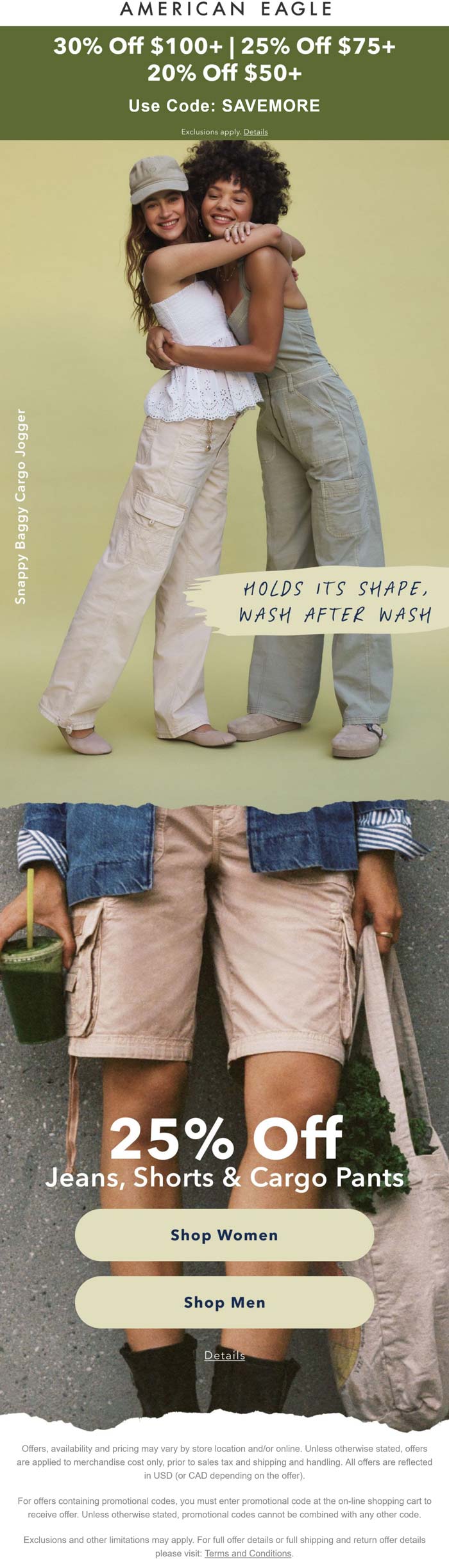 20-30% off $50+ at American Eagle via promo code SAVEMORE # ...