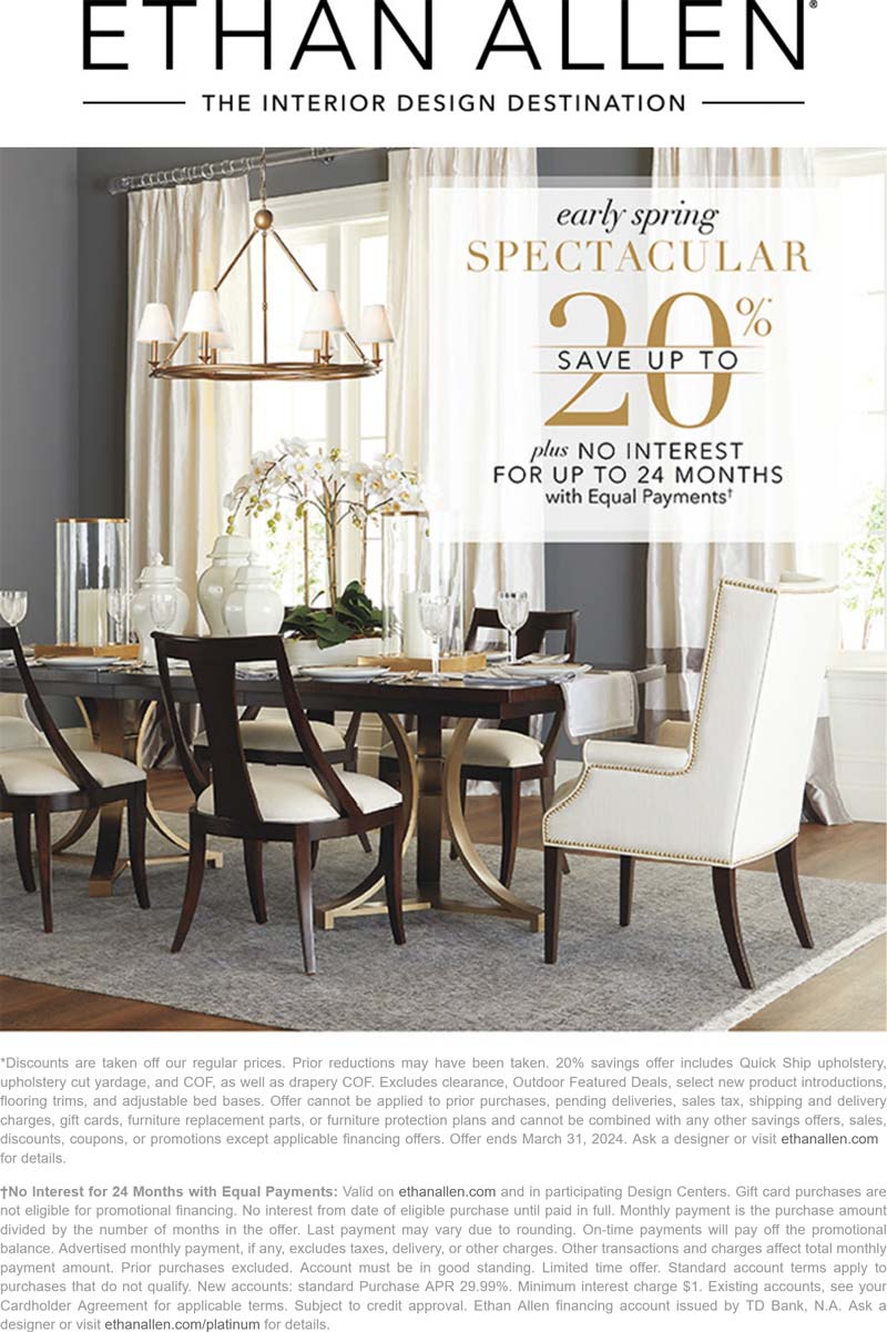 20% off furniture at Ethan Allen #ethanallen - The Coupons App®