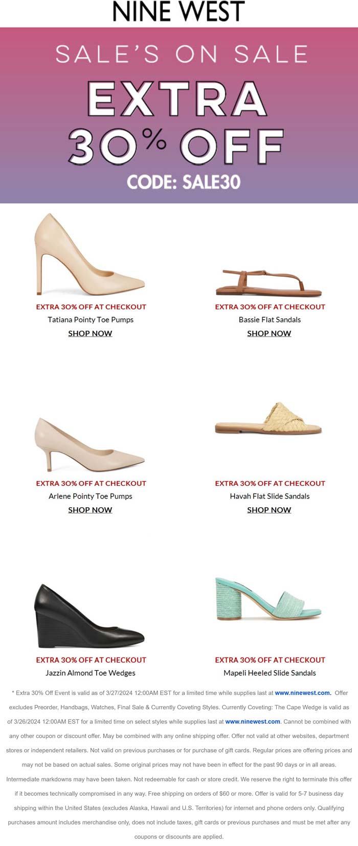 Extra 30% off sale items at Nine West via promo code SALE30 #ninewest ...