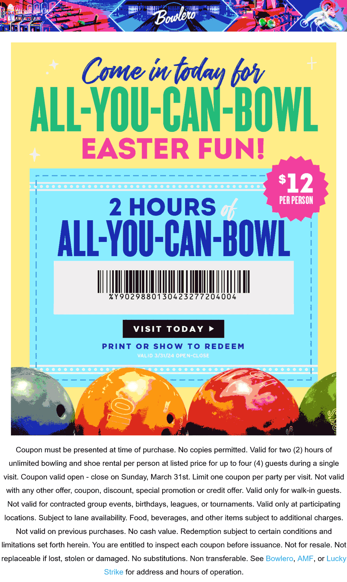 $12 for 2 hrs bowling today at Bowlero #bowlero - The Coupons App®
