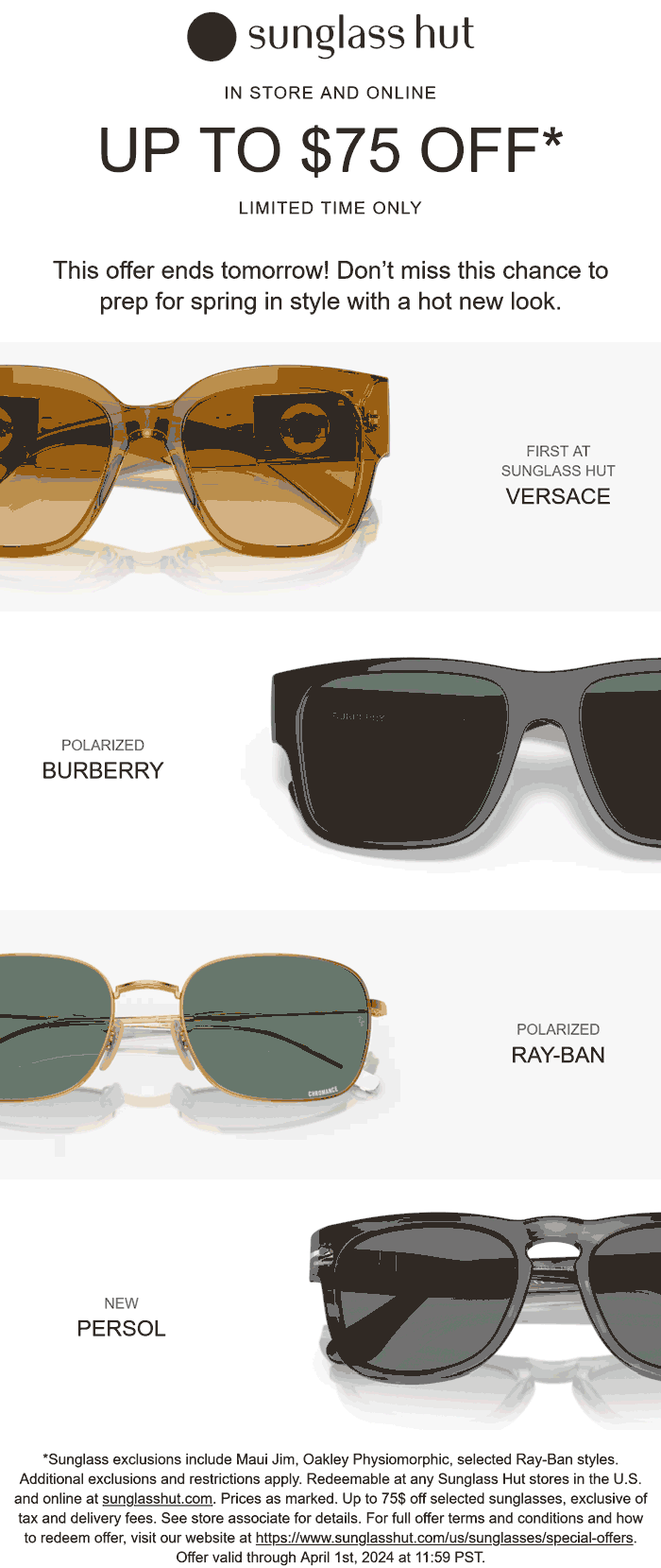 $75 off various styles at Sunglass Hut, ditto online #sunglasshut - The ...