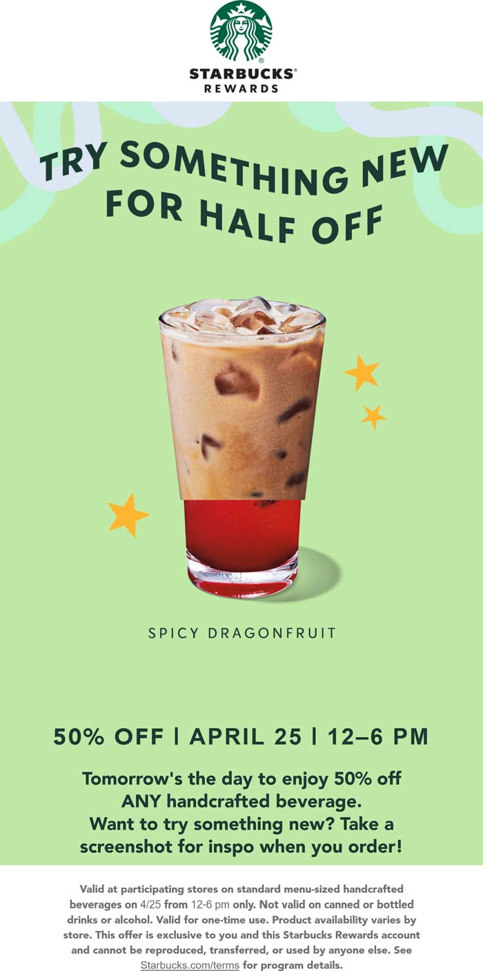 50% off 12-6p today at Starbucks coffee #starbucks - The Coupons App®