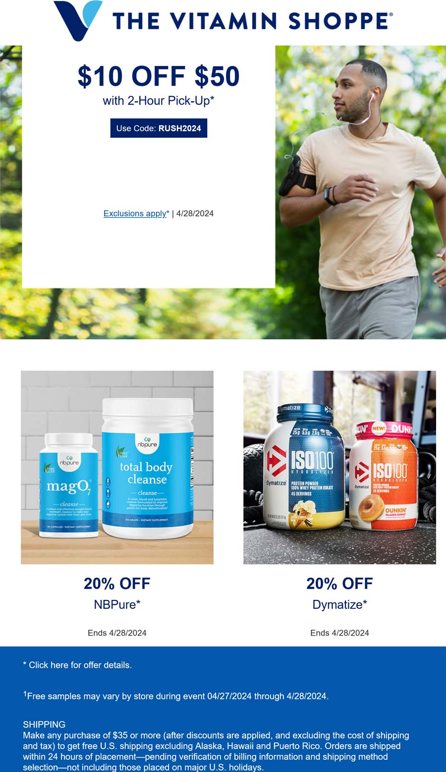 $10 off $50 at The Vitamin Shoppe via promo code RUSH2024 # ...