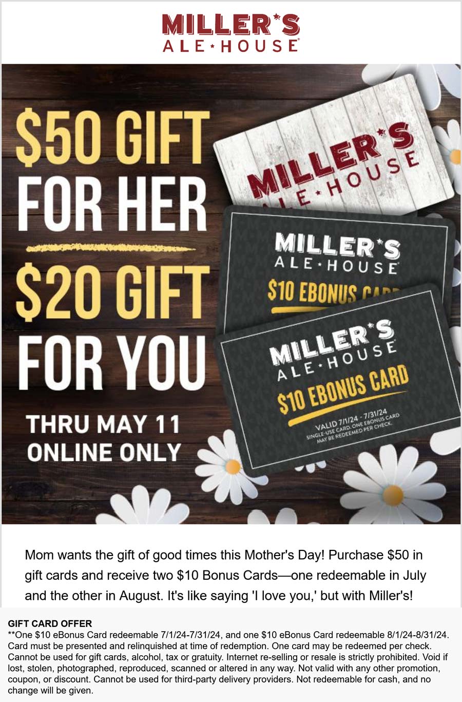 $20 card with your $50 gift card at Millers Ale House restaurants # ...