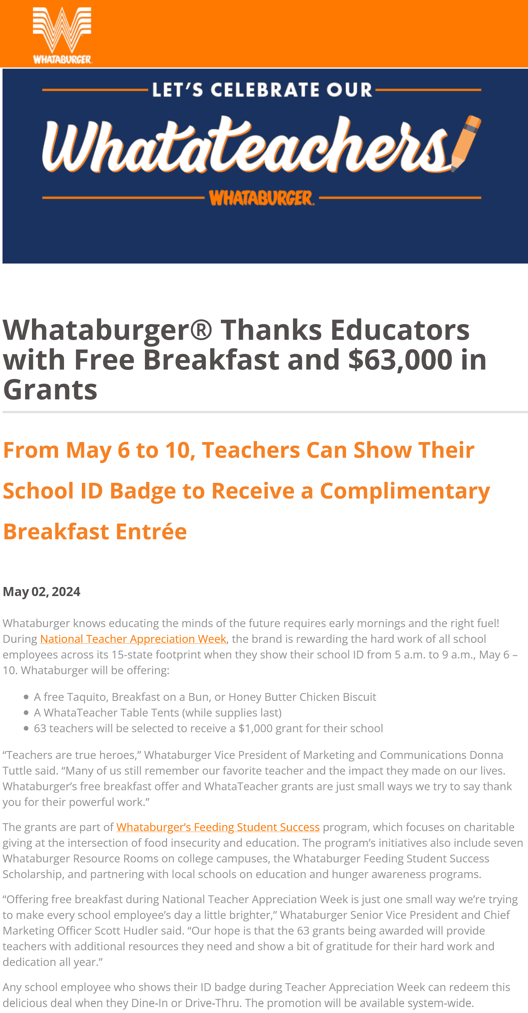 Free breakfast entree items for teachers at Whataburger #whataburger ...