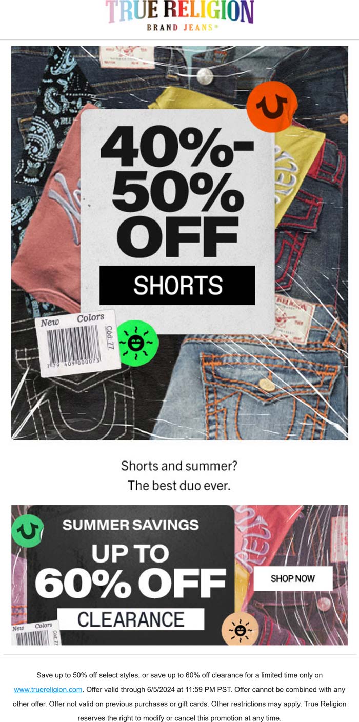 40-50% off shorts & 60% off clearance at True Religion #truereligion ...