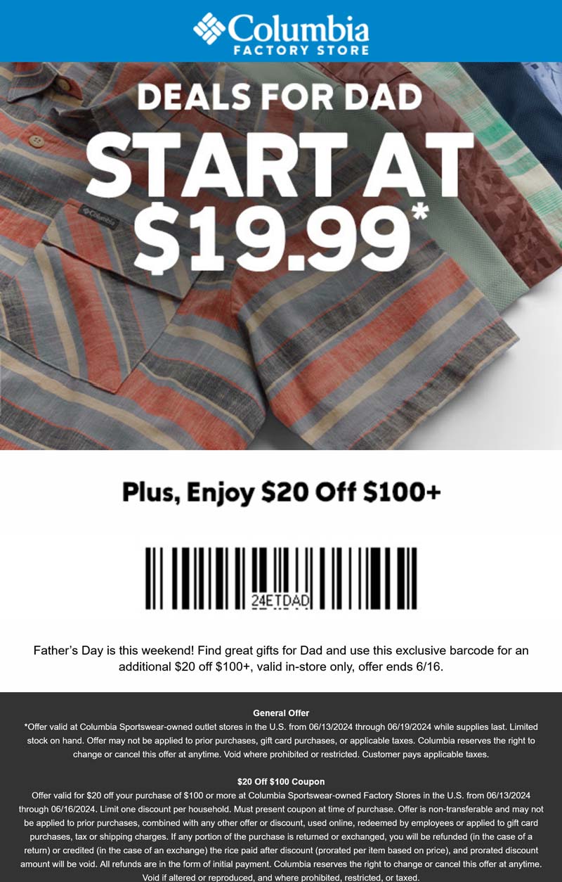 $20 off $100 at Columbia Factory Stores #columbiafactorystores - The ...