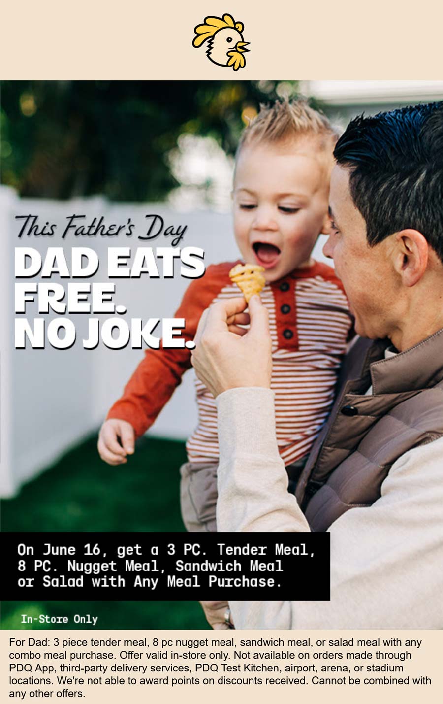 Free meal for Dad with yours Sunday at PDQ #pdq - The Coupons App®