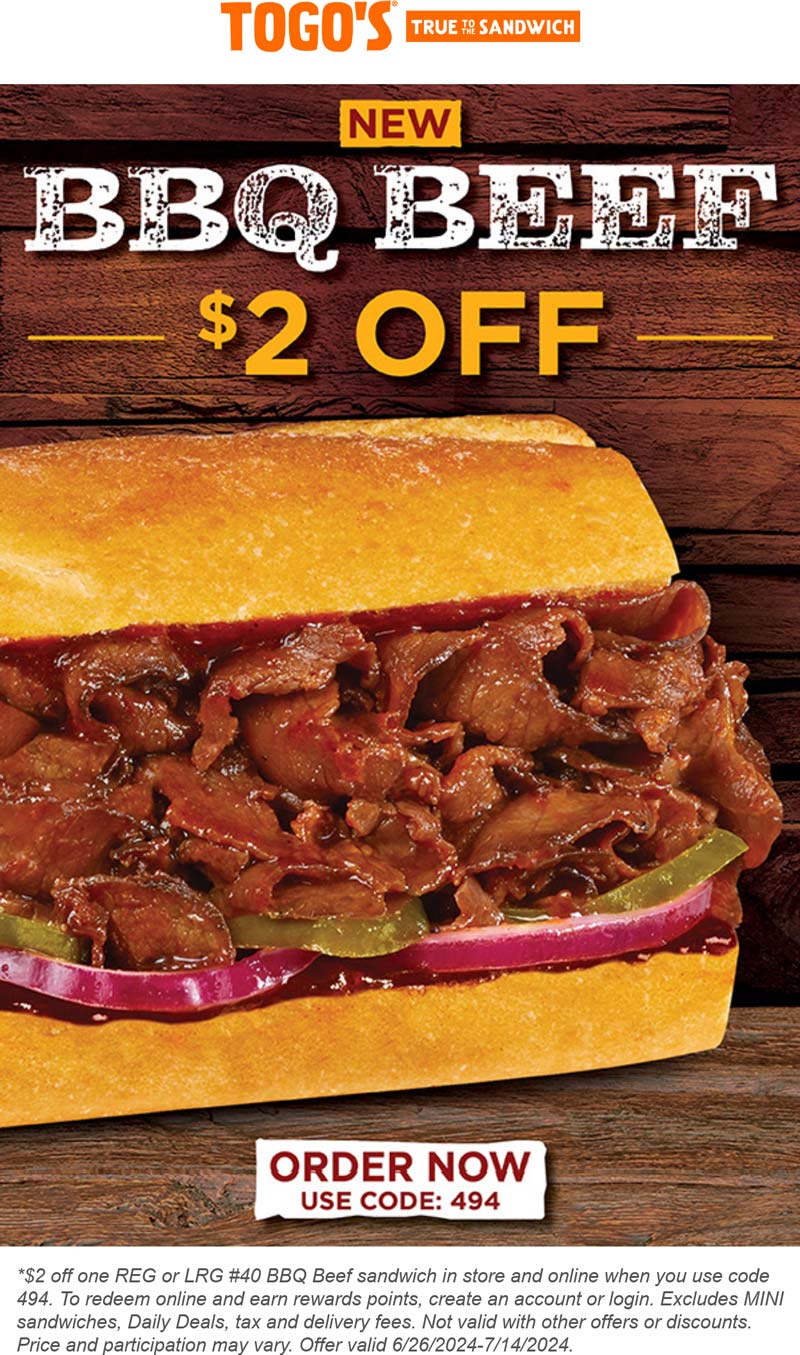 $2 off bbq beef at Togos sandwich shop via promo code 494 #togos - The Coupons App®