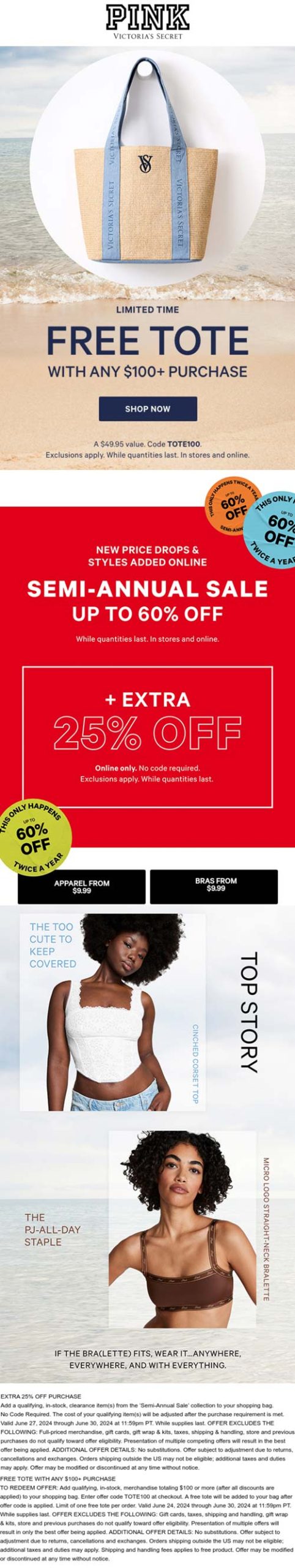 Free tote on $100 & extra 25% off online at PINK via promo code TOTE100 ...