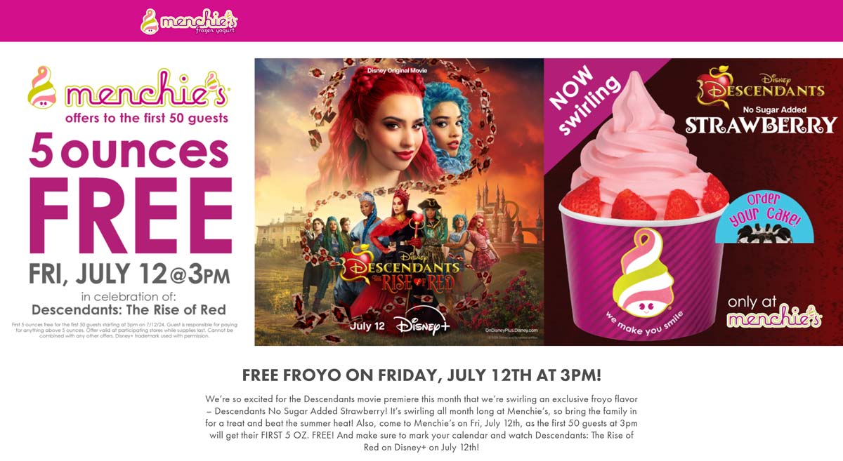 Free frozen yogurt the 12th at Menchies #menchies - The Coupons App®