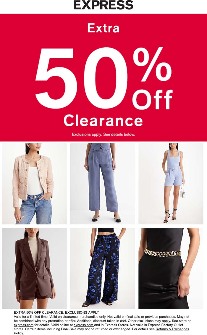 Extra 50% off clearance at Express #express - The Coupons App®