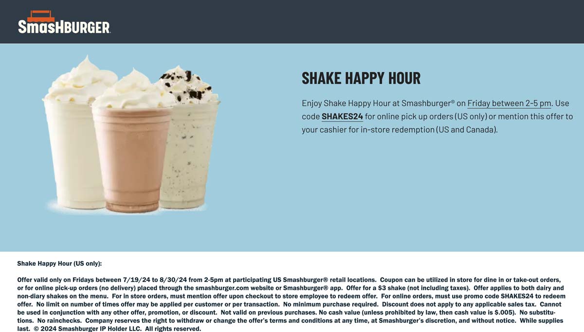 $3 milkshake on Fridays 2-5p at Smashburger, or online via promo code ...