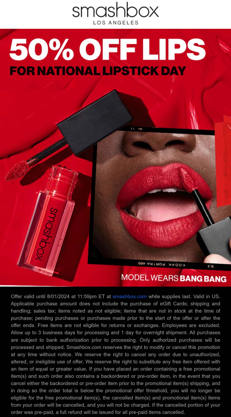 50% off lips at Smashbox cosmetics #smashbox - The Coupons App®