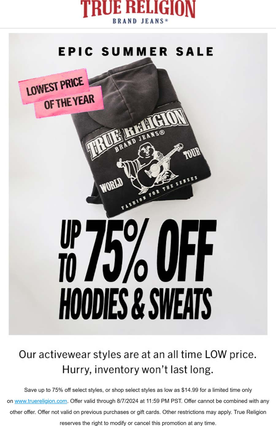 Hoodies are 75% off at True Religion #truereligion - The Coupons App®