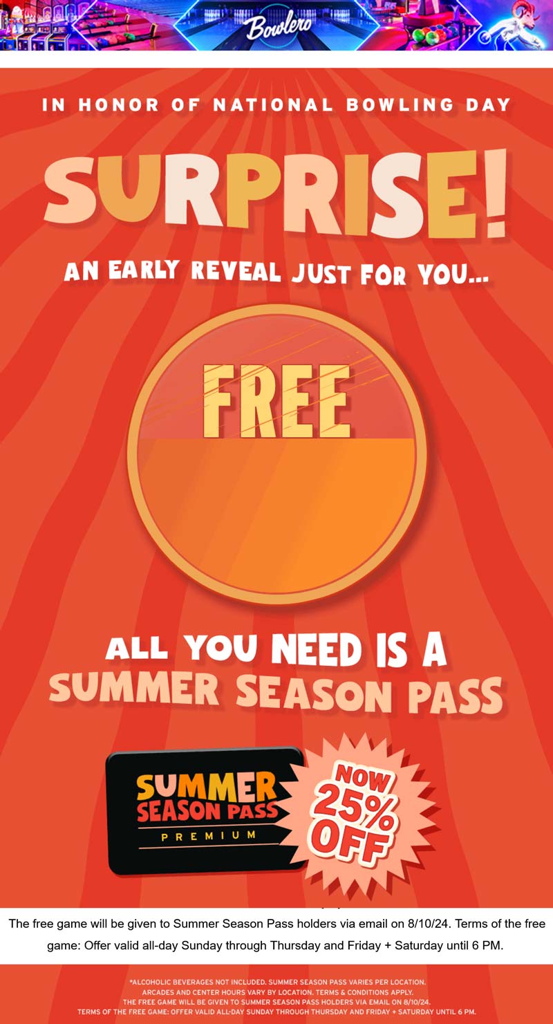 Free game of bowling + 25% off your summer pass at Bowlero #bowlero ...