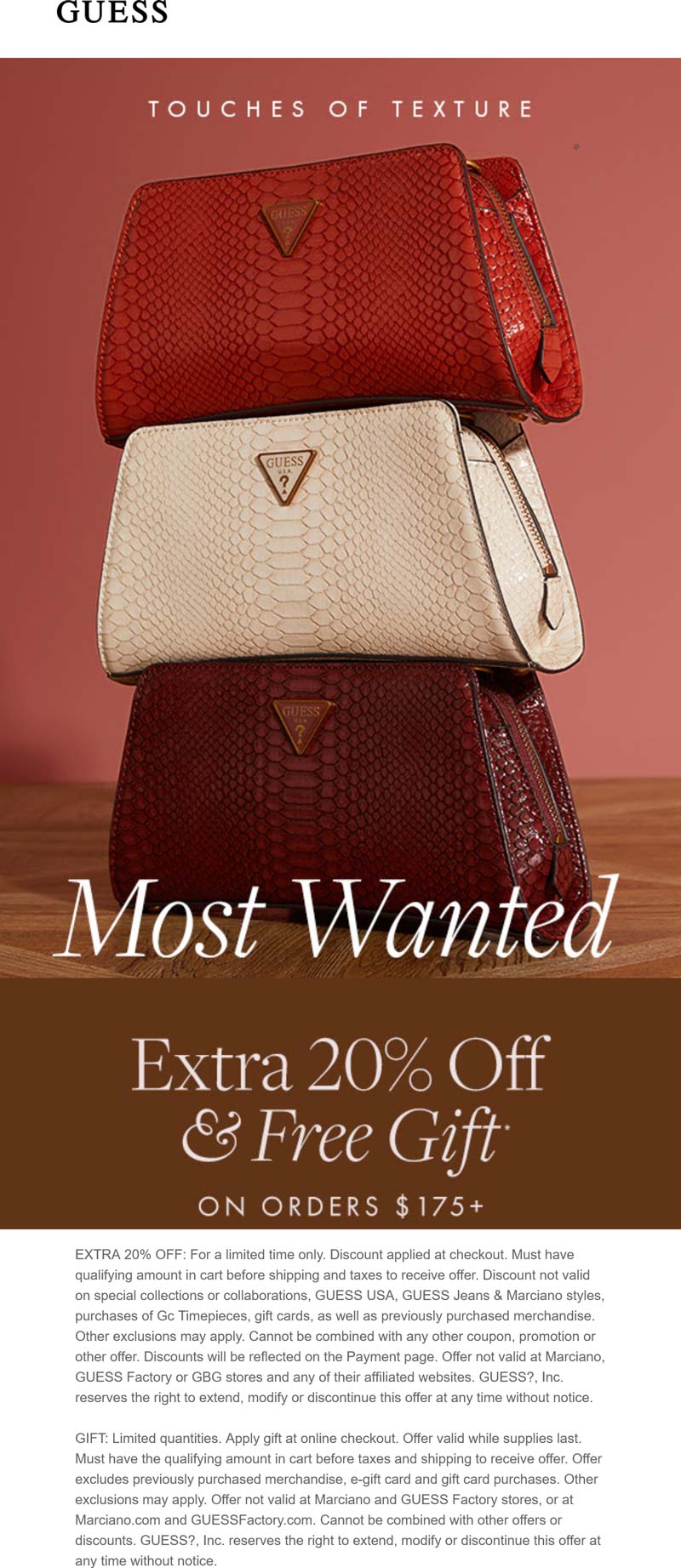 Extra 20% off $175 + free gift at GUESS #guess - The Coupons App®