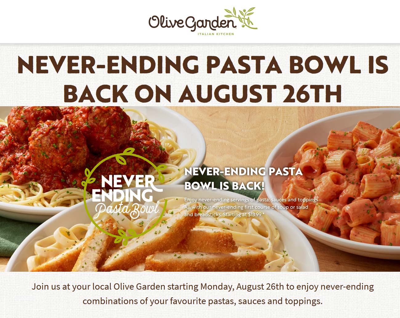 Never ending pasta bowl returns the 26th at Olive Garden restaurants # ...