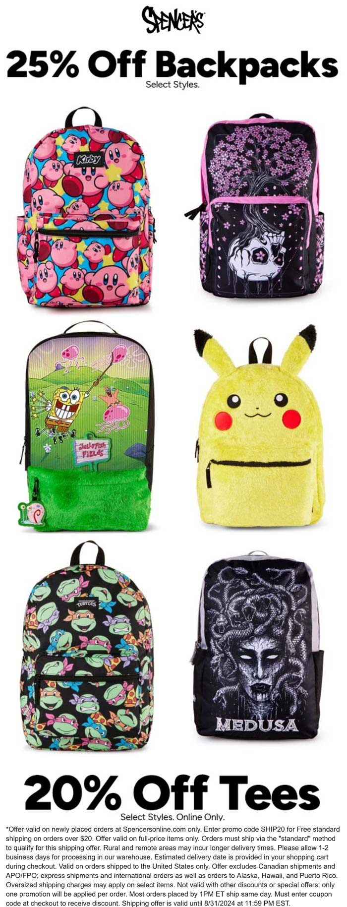 25% off backpacks at Spencers with free shipping on $20 via promo code ...