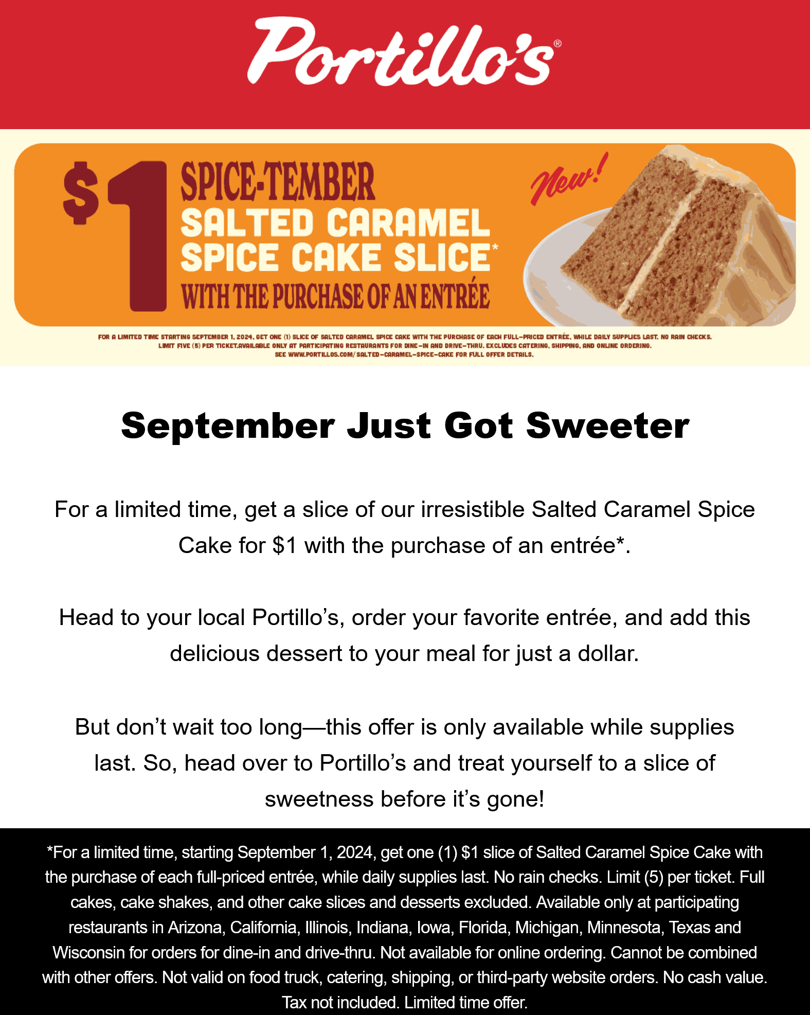 Salted caramel spice cake = $1 with your entree at Portillos #portillos ...