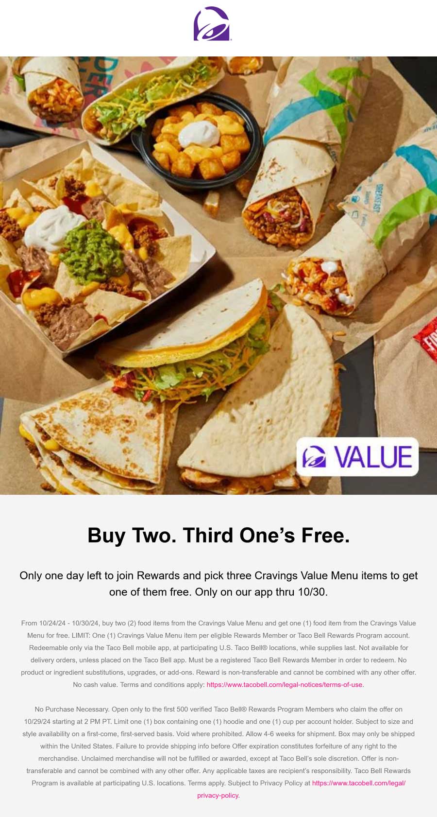 3rd value item free via mobile at Taco Bell #tacobell - The Coupons App®