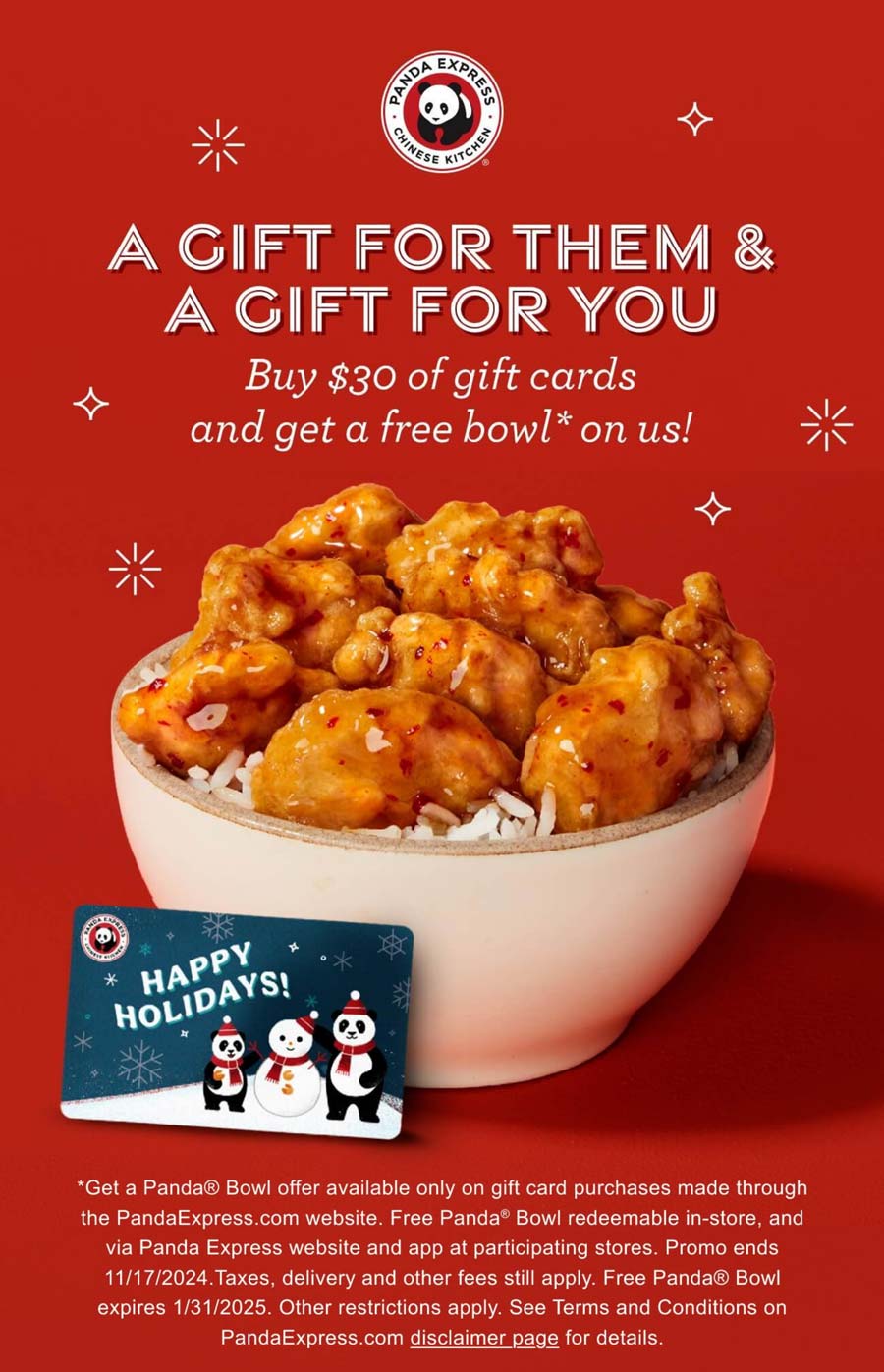 Free bowl on $30 gift cards at Panda Express restaurants #pandaexpress ...