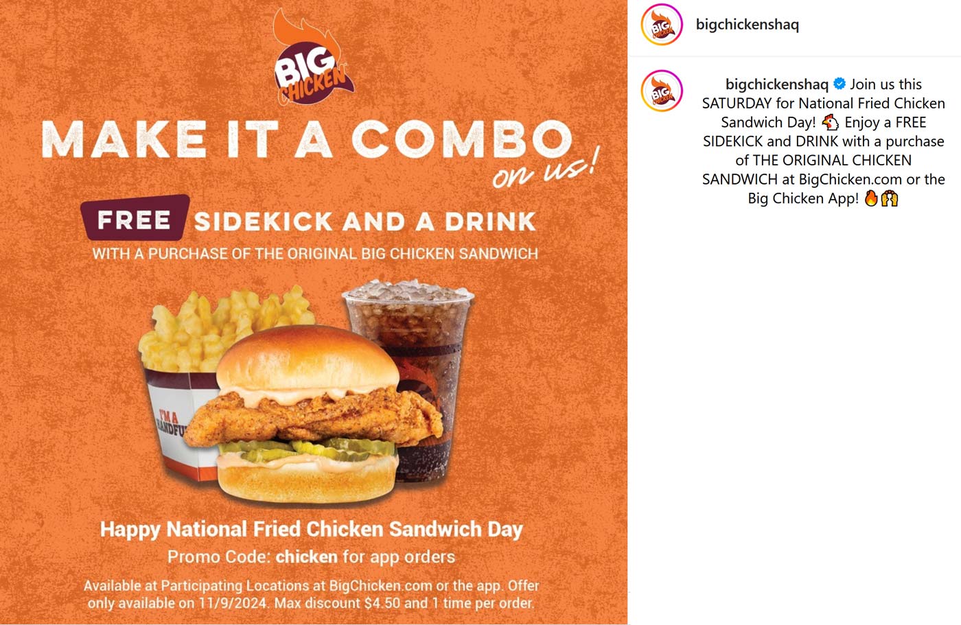 Free side & drink with your chicken sandwich today at Big Chicken # ...