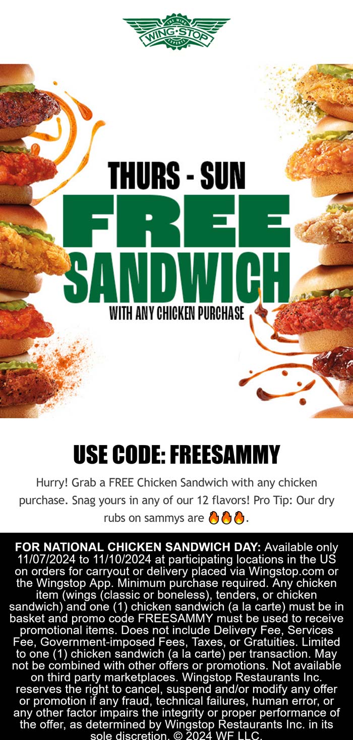 Free sandwich with any chicken order at Wingstop via promo code ...