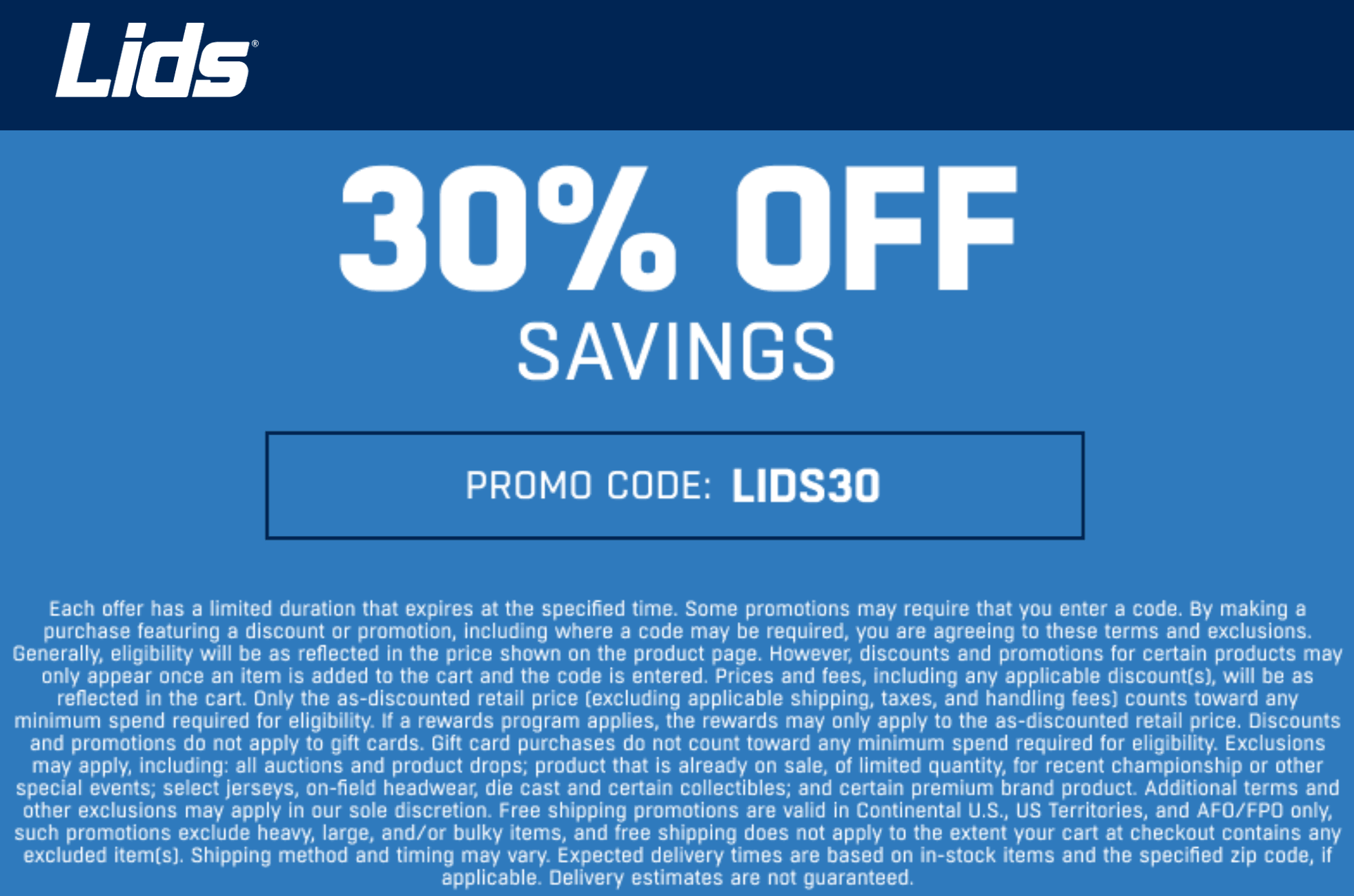 30% off at Lids via promo code LIDS30 #lids - The Coupons App®