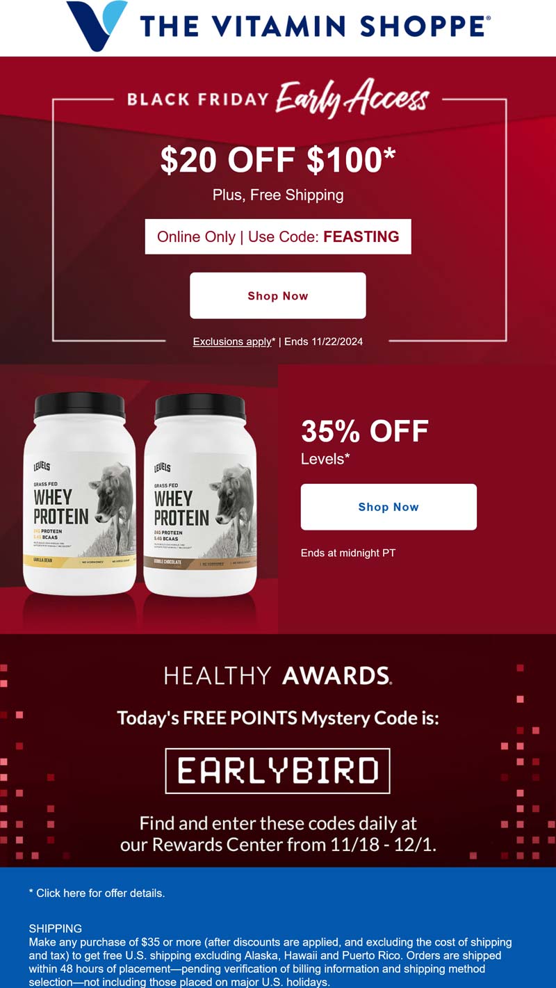 $20 off $100 at The Vitamin Shoppe via promo code FEASTING # ...