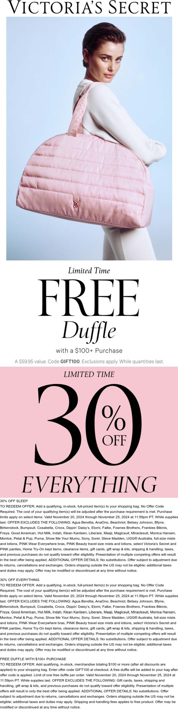 Free duffle on $100 + 30% off everything at Victorias Secret via promo ...