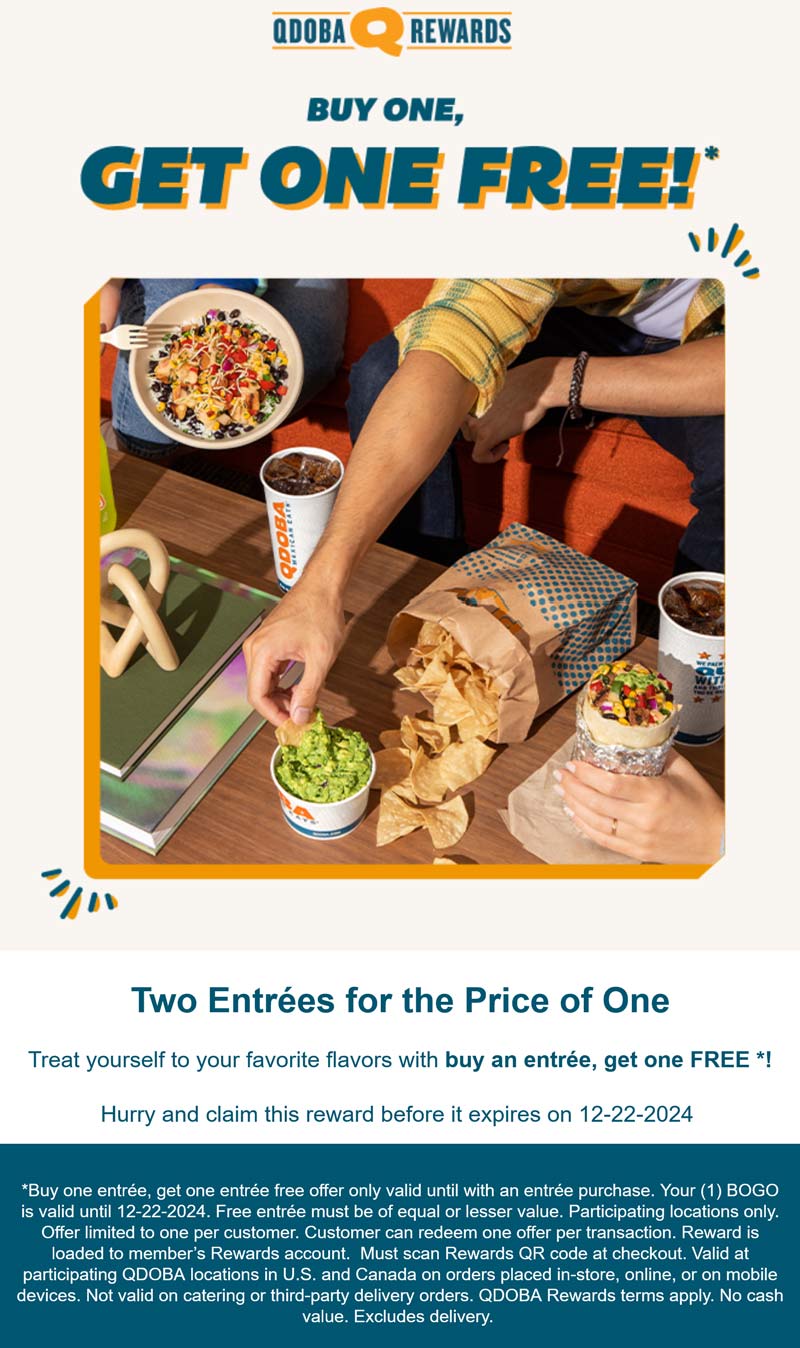 Second entree free via login at Qdoba #qdoba - The Coupons App®