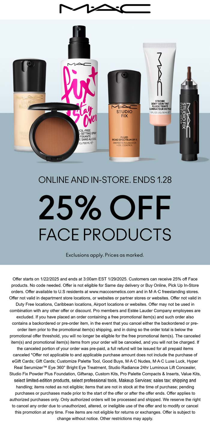 25% off face products at MAC cosmetics, ditto online #mac - The Coupons ...