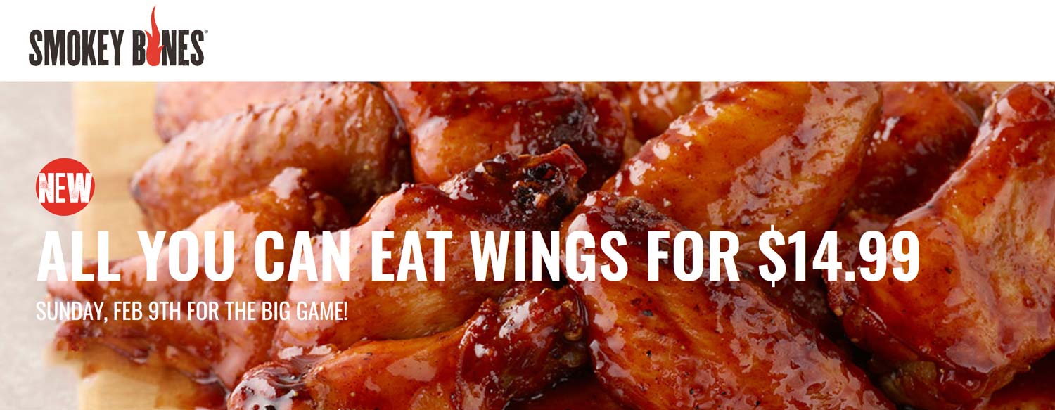 $15 bottomless chicken wings the 9th at Smokey Bones #smokeybones - The Coupons App®