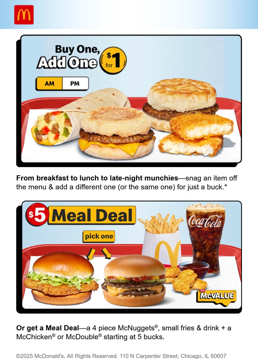 Second of the same item for $1 at McDonalds restaurants #mcdonalds ...
