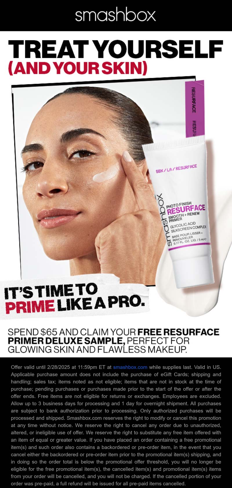 Free primer on $65 at Smashbox cosmetics #smashbox - The Coupons App®