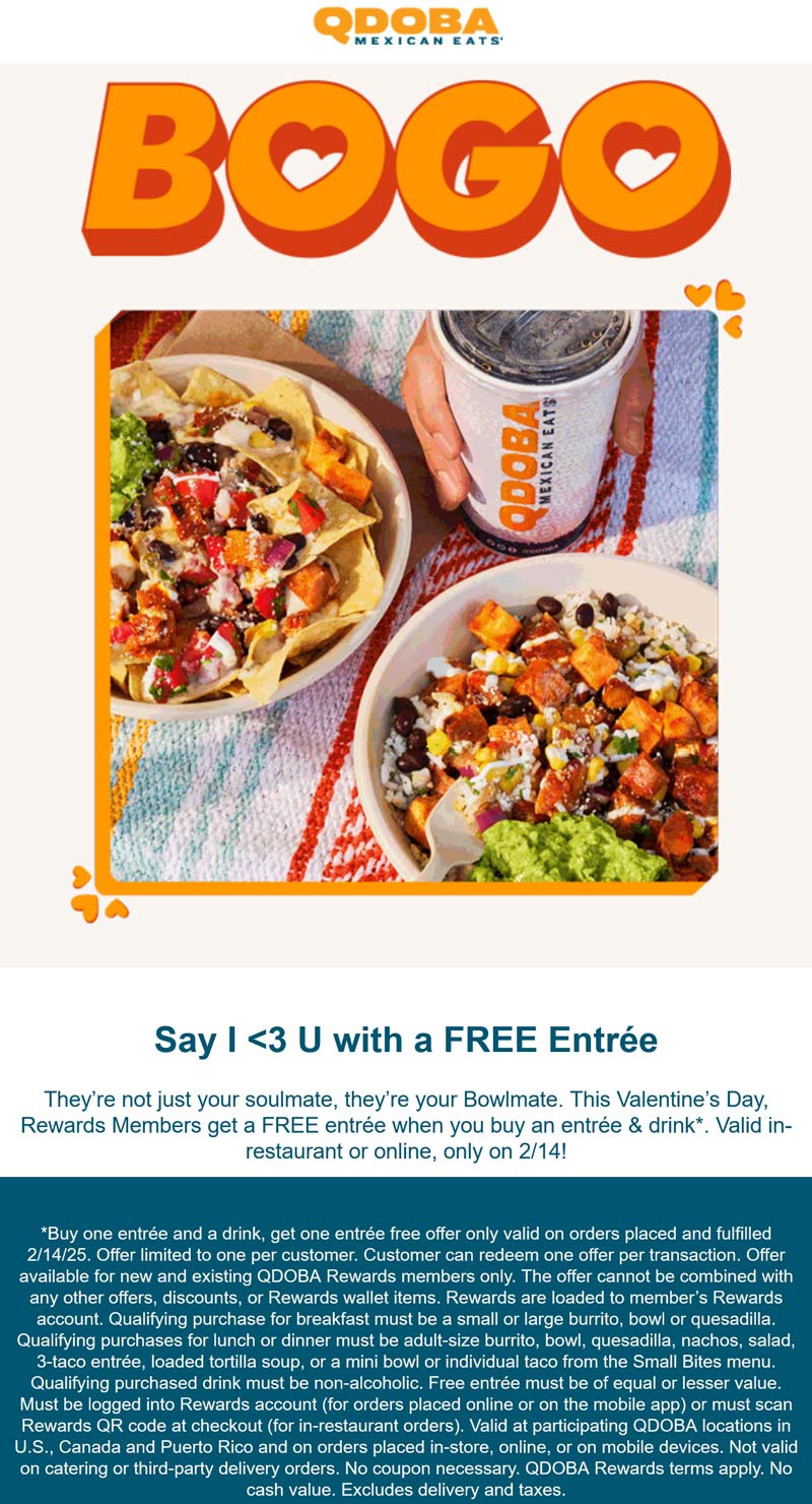 Second entree bowl free Friday at Qdoba #qdoba - The Coupons App®