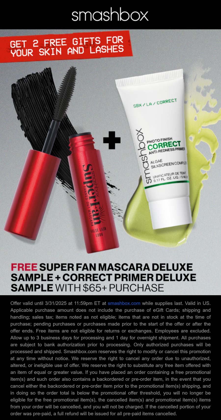 Free mascara & primer on $65 at Smashbox #smashbox - The Coupons App®