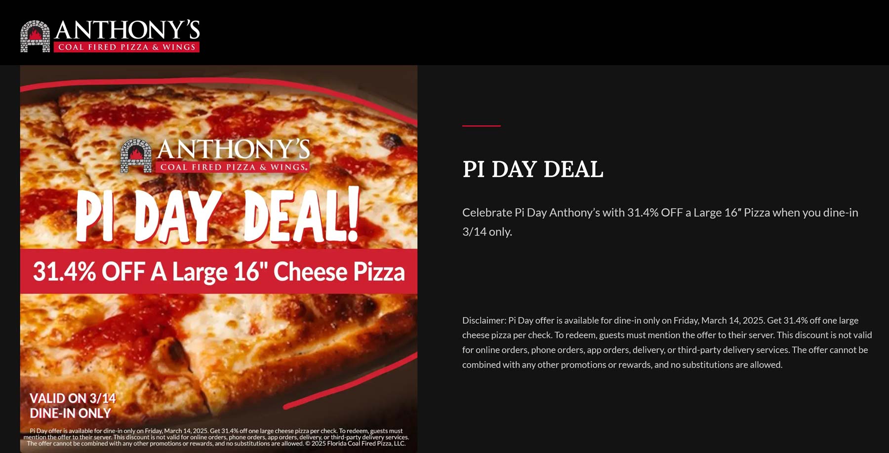 31.4% off a large cheese Friday pi-day at Anthonys coal fired pizza #anthonys - The Coupons App®
