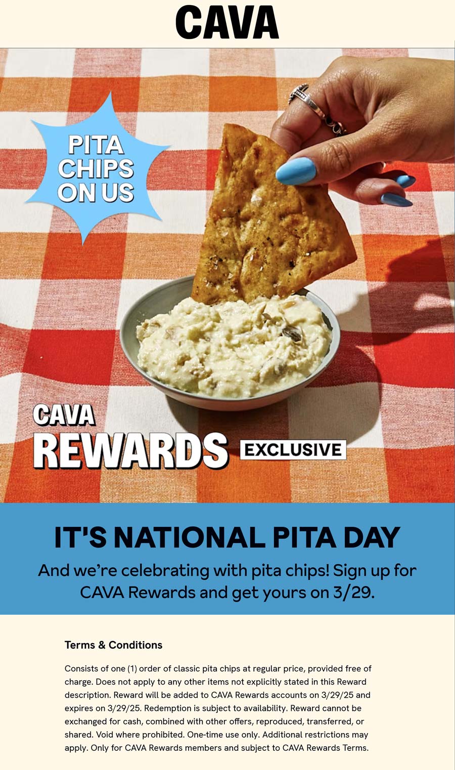 Free pita chips today at CAVA restaurants #cava - The Coupons App®