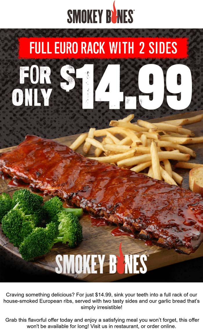 Full rack ribs + 2 sides = $15 at Smokey Bones restaurants #smokeybones ...