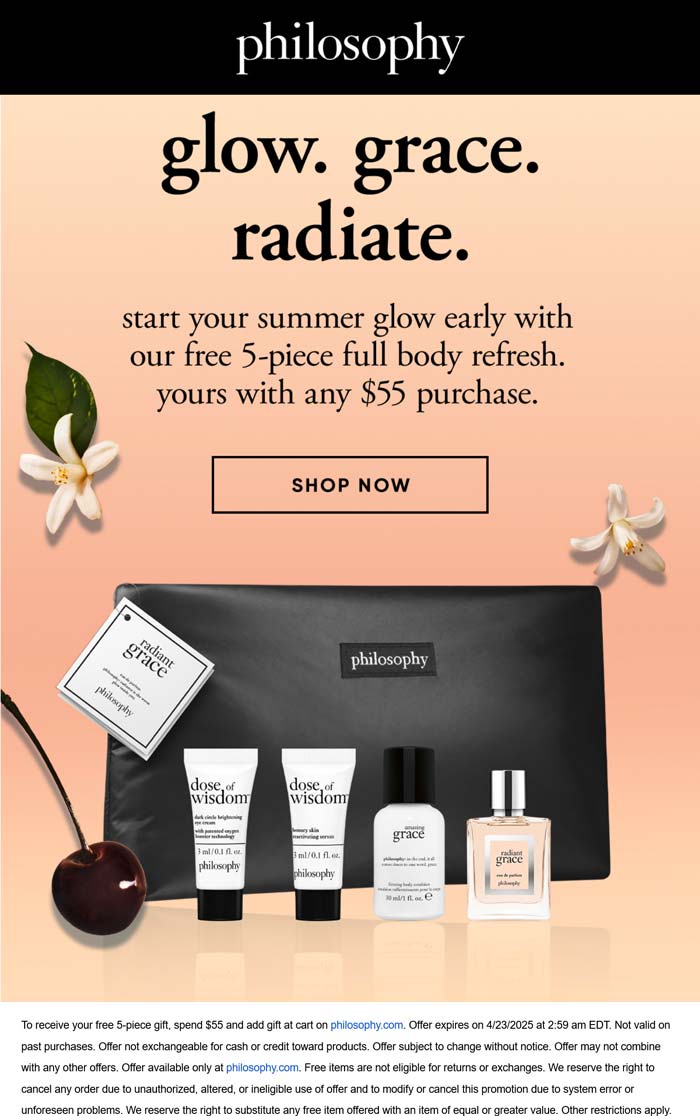 Free 5pc on $55 at Philosophy #philosophy - The Coupons App®