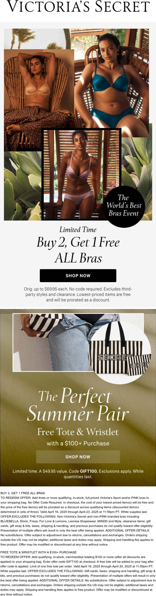 3rd bra free + tote & wristlet free on $100+ at Victorias Secret via ...