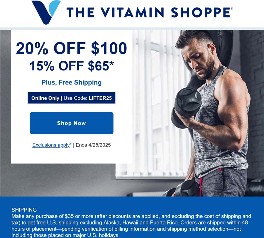 15-20% off $65+ at The Vitamin Shoppe via promo code LIFTER25 # ...
