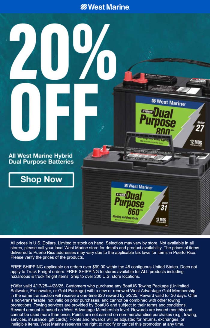 20% off batteries at West Marine #westmarine - The Coupons App®