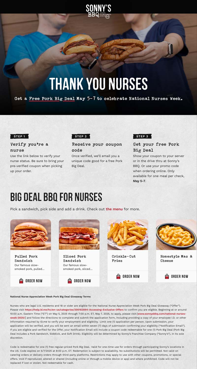 Nurses enjoy a free pork big deal meal the 5-7th at Sonnys BBQ #sonnysbbq - The Coupons App®