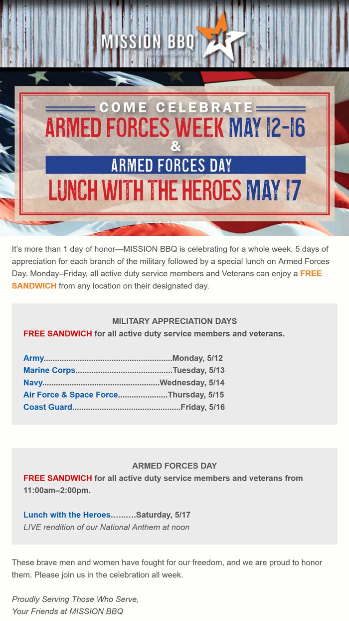 Free sandwich for active and veterans the 12-16 at Mission BBQ # ...
