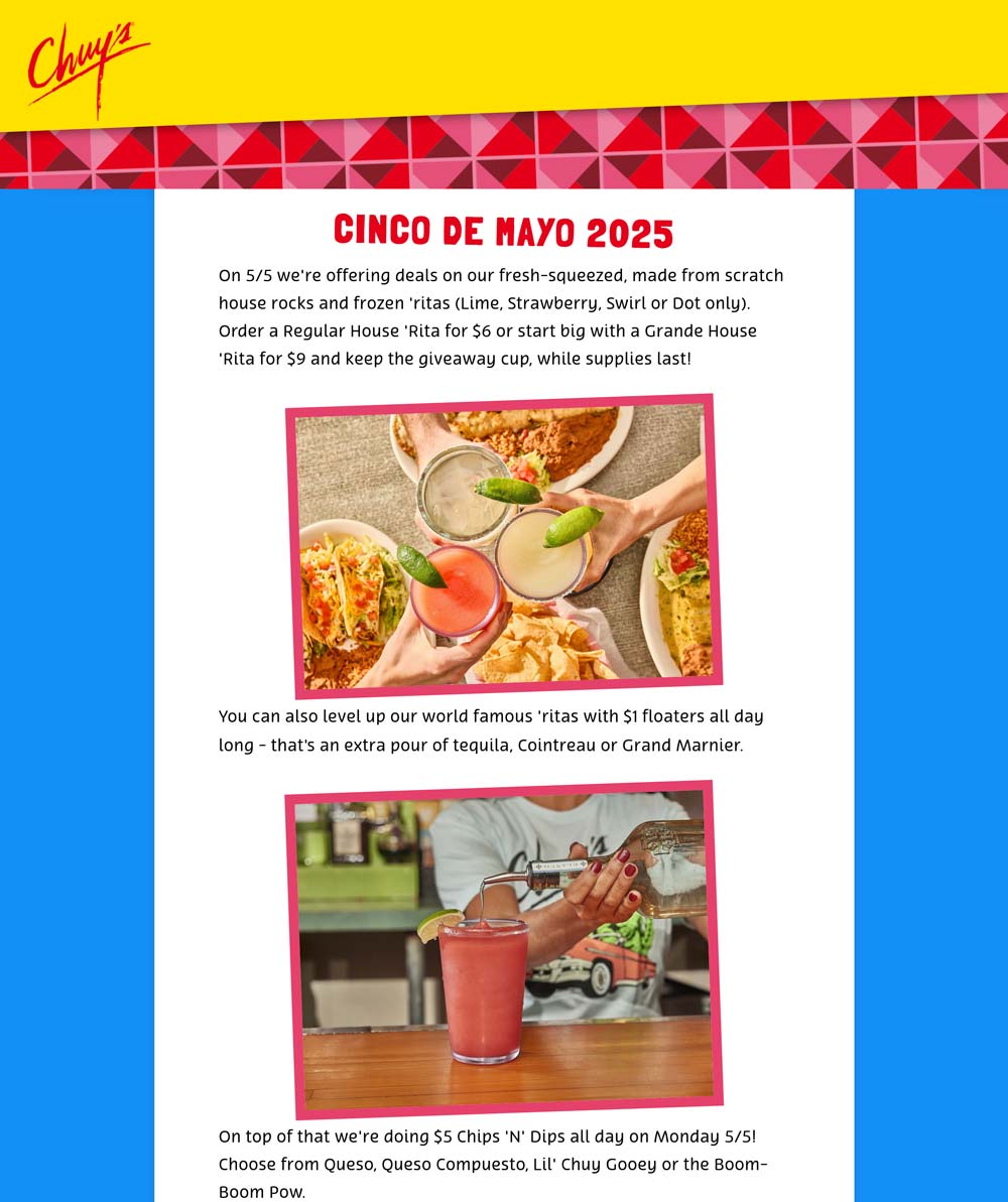 $5 chips n dips today at Chuys restaurants #chuys - The Coupons App®