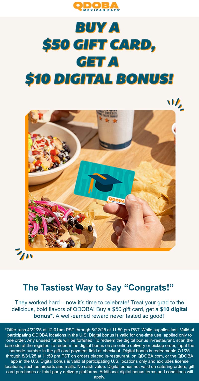 $10 card free with $50 card at Qdoba restaurants #qdoba - The Coupons App®