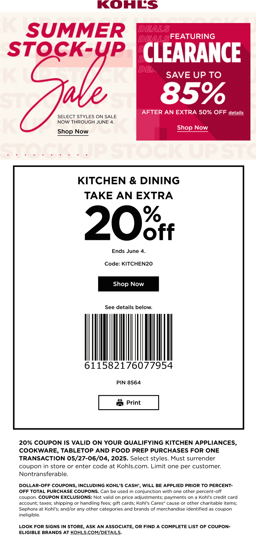 85% off clearance & extra 20% off kitchen at Kohls, or online via promo ...